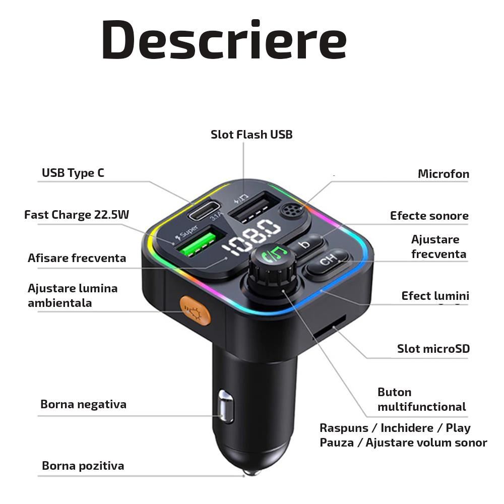 Modulator FM Bluetooth 5.0, 2 x USB, 1 x USB Type C, Incarcator super ...